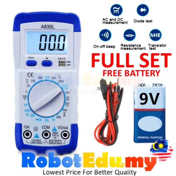 FREE 9V BATTERY - LCD Digital Multimeter A830L DC AC Current Ampere ...
