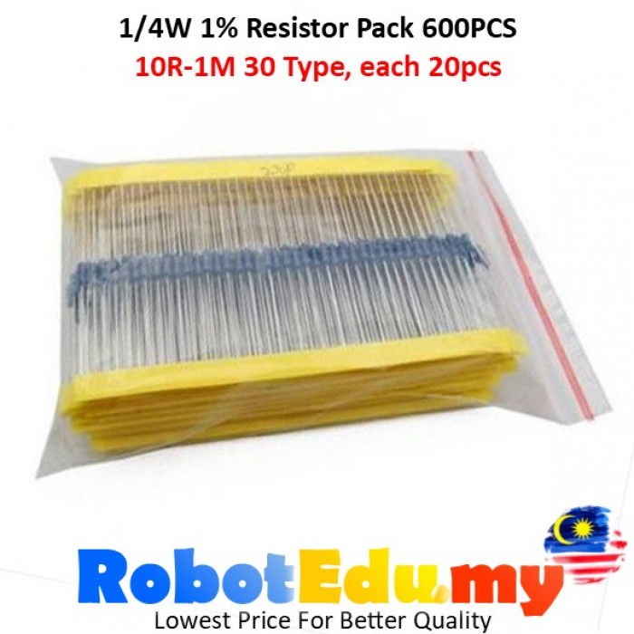 600Pcs 30 Type Each 20pcs 10R ohm - 1M Ohm Resistor 1/4W 1% Assorted ...