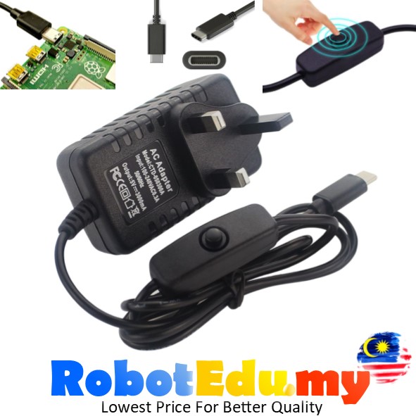Raspberry Pi 4B 5V 3A USB Type C USB Power Supply Adapter with On / Off ...